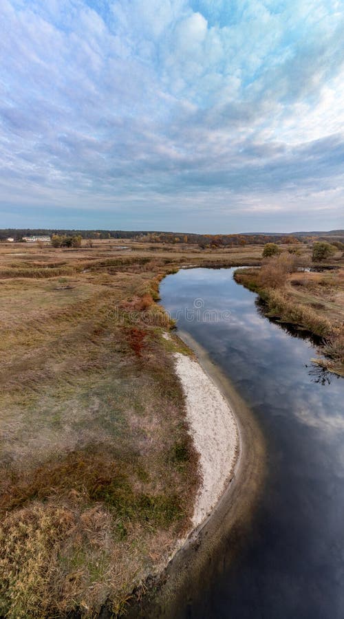 Aerial Vertical Panorama of River in Autumn Valley Stock Image - Image ...