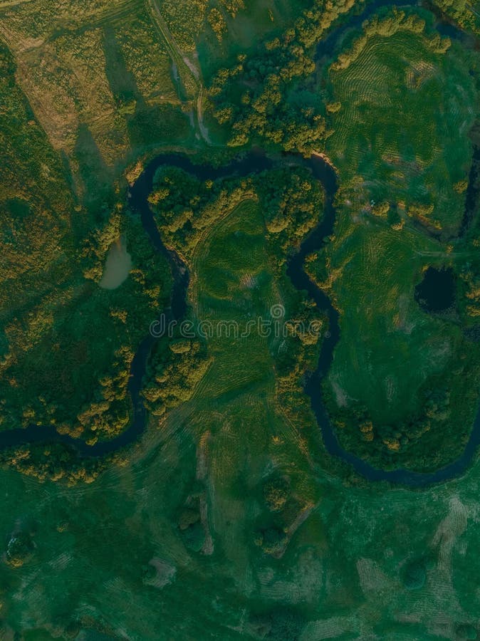Aerial Vertical View of a Curvy River through the Green Forested Valley ...