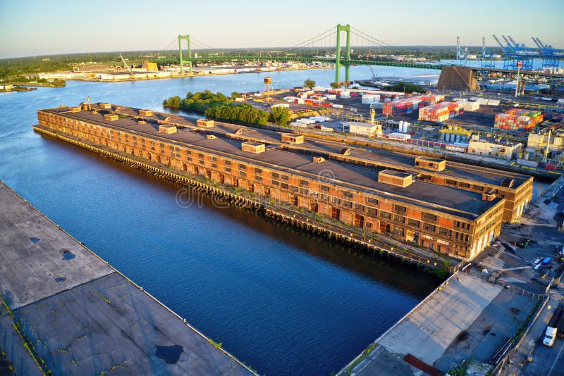 Aerial View of Abandoned Docks and Warehouse on the Delaware River ...
