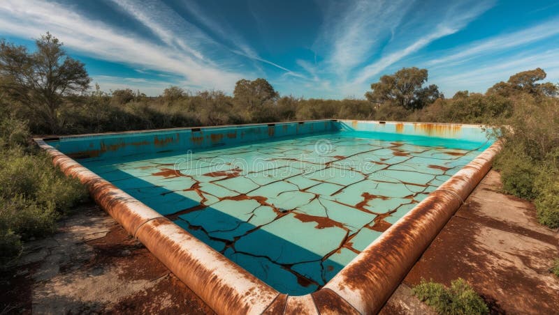 Aerial View of an Abandoned Swimming Pool with Cracked Surface and Rust ...