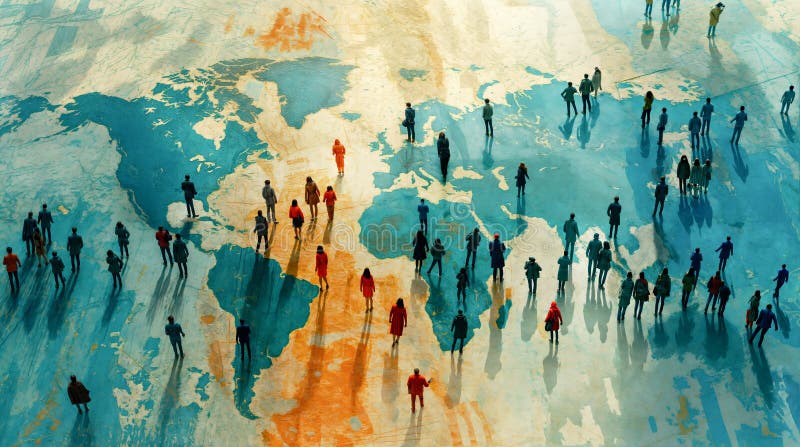 Aerial View of an Abstract Crowd of People, Walking on the World Map ...