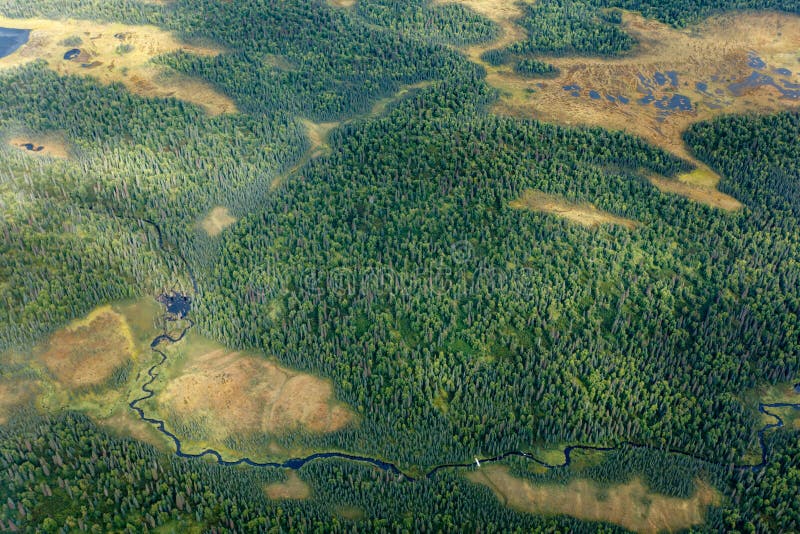 Aerial View and Abstract Patterns of Taiga Forest, River and Lakes ...
