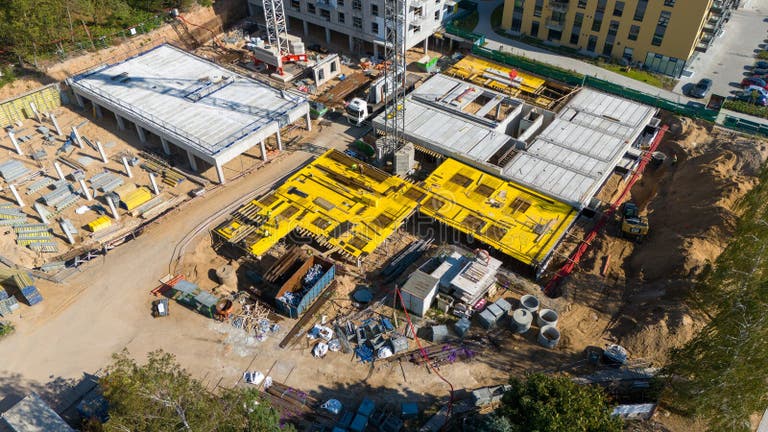 Aerial View of Active Construction Site with Cranes Stock Photo - Image ...