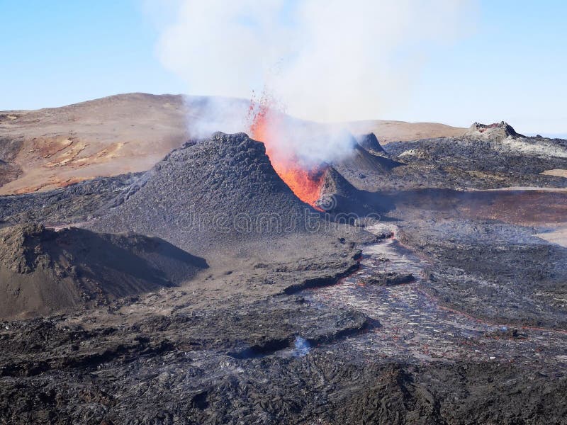 Aerial View of an Active Volcano Spitting Lava during Eruption Stock ...