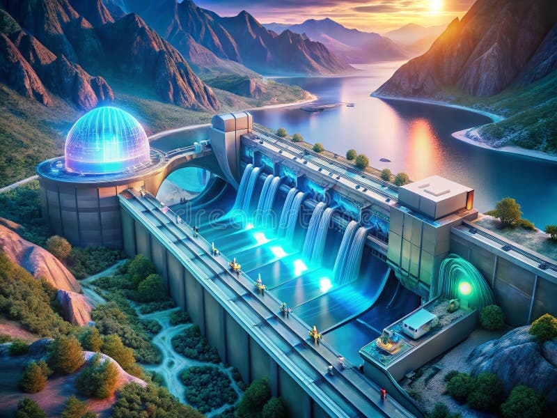 Aerial View of Advanced Dam Construction Utilizing Holographic ...