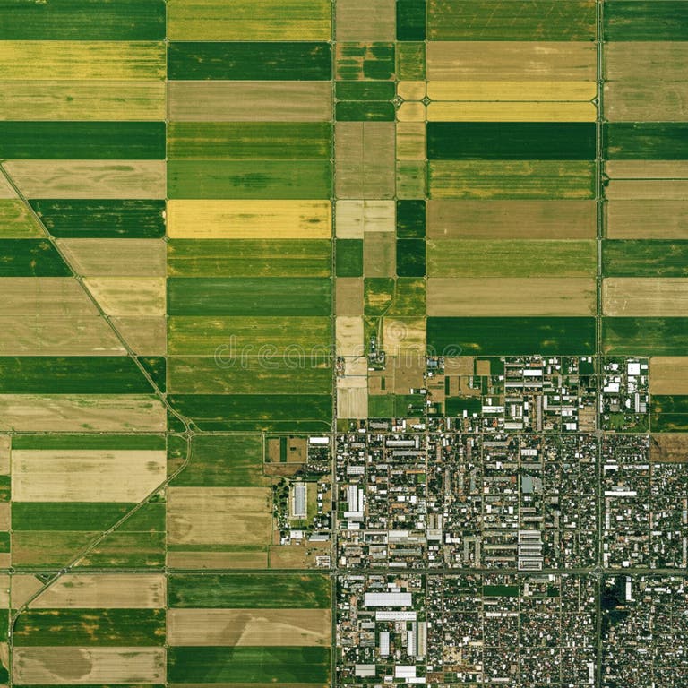 Aerial View of Agricultural Fields and a City. the Fields are Divided ...
