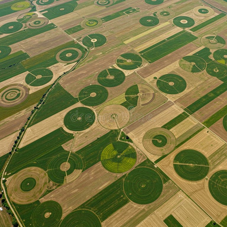 Aerial View of Agricultural Fields Utilizing Center Pivot Irrigation, Creating Distinct Stock ...