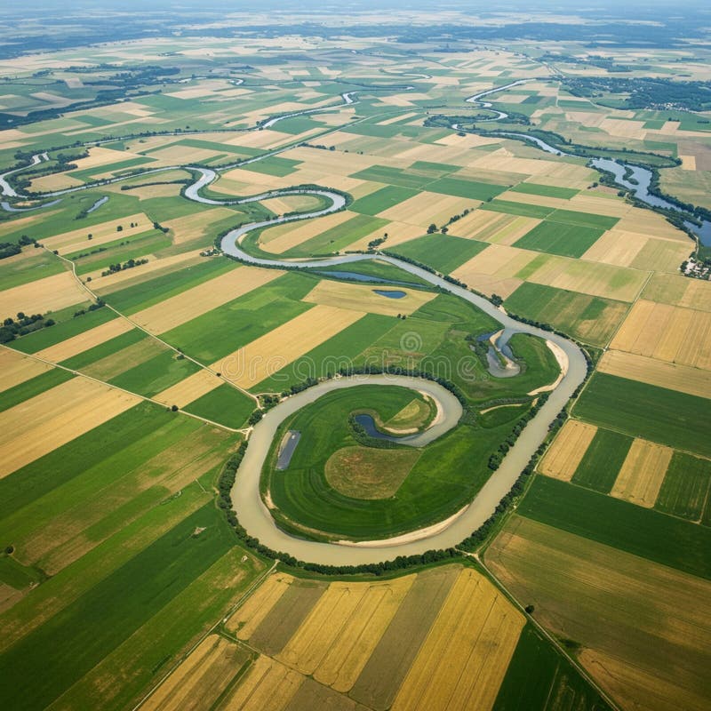 Aerial View of Agricultural Fields with a Winding River Creating a ...
