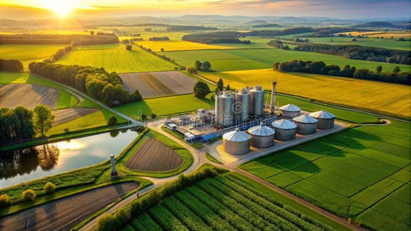 Aerial View of Agricultural Processing Plant at Sunset. Generative AI ...