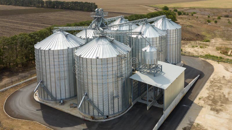 Aerial View of Agricultural Silos. Storage and Drying of Grains, Wheat ...