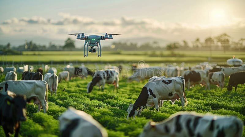 Aerial View of AI-Driven Dairy Farm with Drones and Automated Machines ...