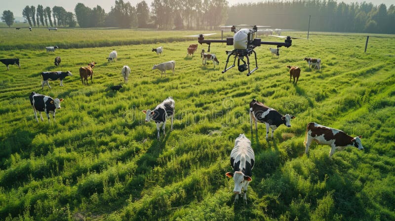 Aerial View of AI-Driven Dairy Farm with Drones and Automated Machines ...