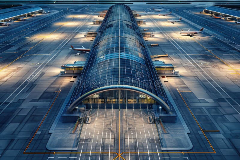 Aerial View of an Airport at Night with Lit Up Runways and Terminals ...