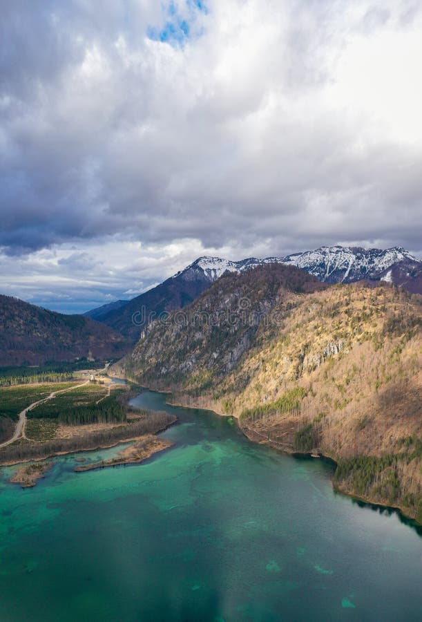 Aerial View of Almsee Lake in the Austrian Alps during Spring Stock ...
