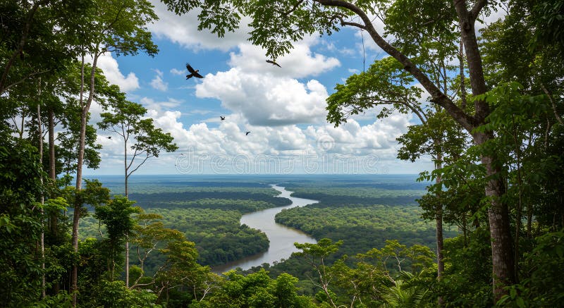 Aerial View of the Amazon Rainforest with River and Tropical Birds ...