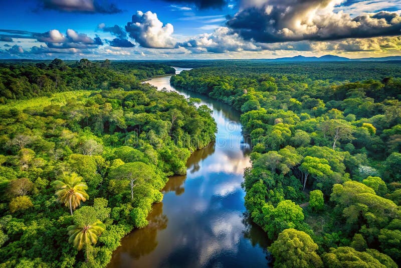 Aerial View of Amazon River Winding through Lush Rainforest Stock ...