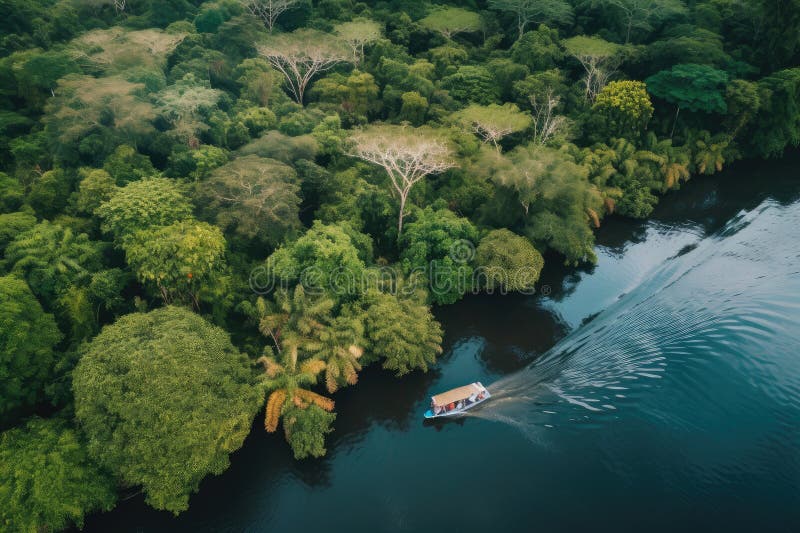 Aerial View of the Amazonas with Boat Navigating River, Surrounded by ... Aerial View of the Amazonas with Boat Navigating River, Surrounded by ...