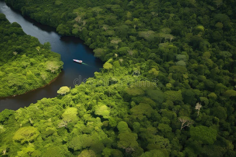 Aerial View of the Amazonas with Boat Navigating River, Surrounded by ... Aerial View of the Amazonas with Boat Navigating River, Surrounded by ...