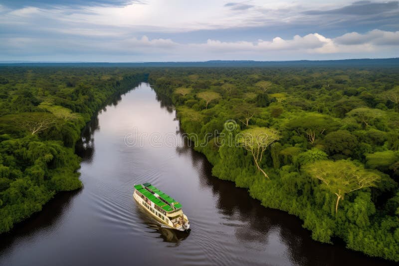 Aerial View of the Amazonas, with Boat Navigating the River, Surrounded ... Aerial View of the Amazonas, with Boat Navigating the River, Surrounded ...