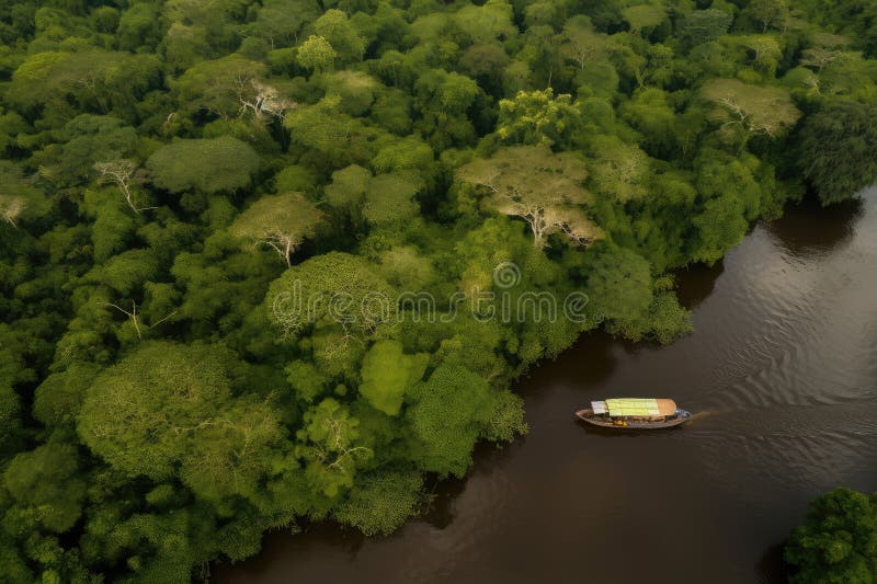 Aerial View of the Amazonas, with Boat Navigating the River, Surrounded ...