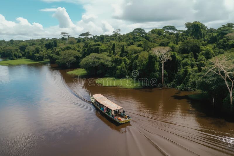 Aerial View of the Amazonas, with Boat Navigating the River, Surrounded ... Aerial View of the Amazonas, with Boat Navigating the River, Surrounded ...