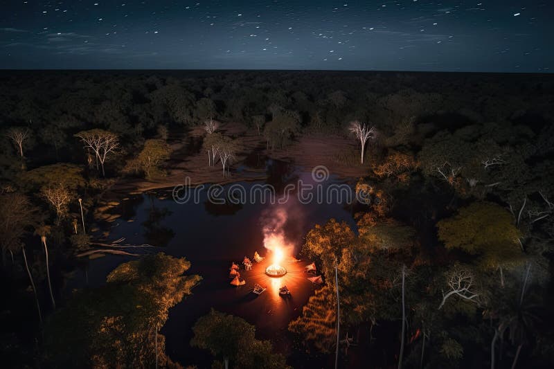 Aerial View of the Amazonas at Night, with Campfire and Stars in the ...