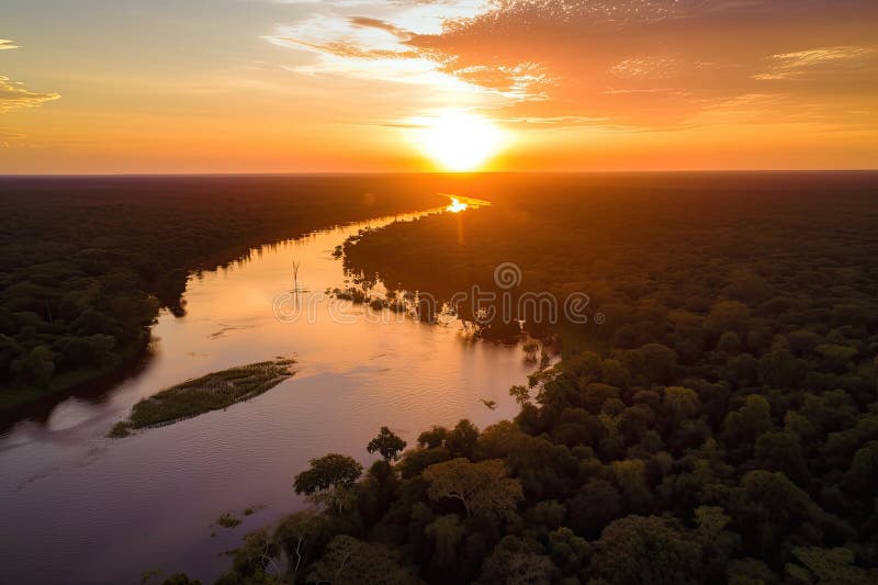 Aerial View of the Amazonas, with Sun Setting into Horizon Stock Image ...