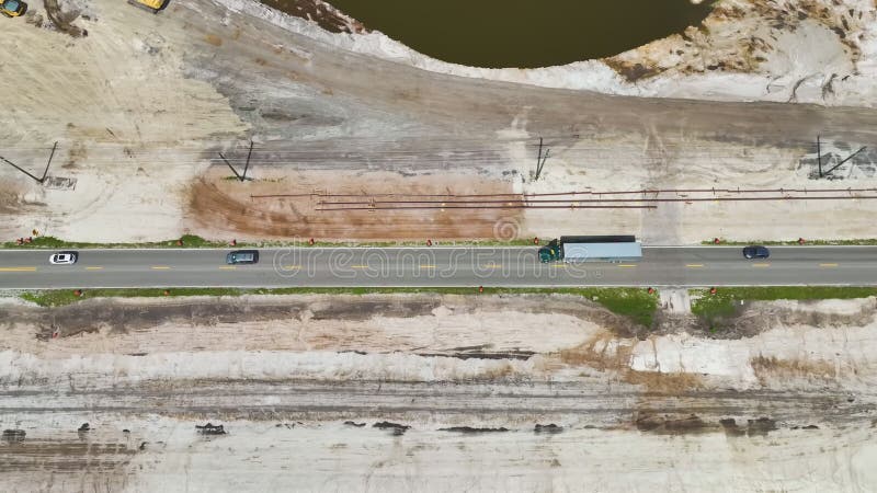 Aerial View of American Highway Under Construction with Moving Traffic ...