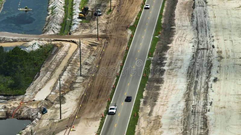 Aerial View of American Highway Under Construction with Moving Traffic ...