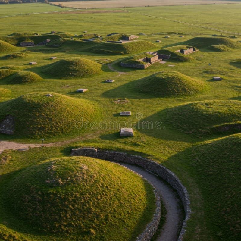 Aerial View of Ancient Grassy Mounds and Ruins Stock Image - Image of ...