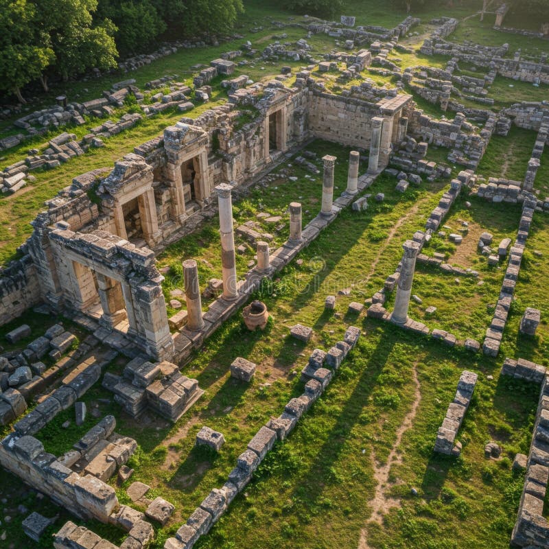 Aerial View of Ancient Ruins Overgrown with Grass Stock Illustration ...