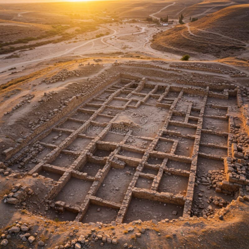 Aerial View of Ancient Stone Ruins at Sunset in Arid Landscape Stock ...