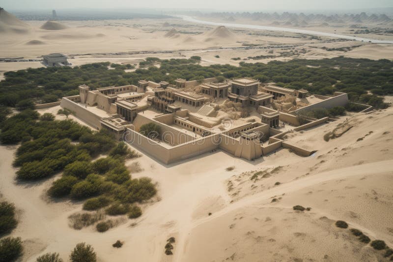 An Aerial View of an Ancient Temple Complex Surrounded by Sand Dunes ...