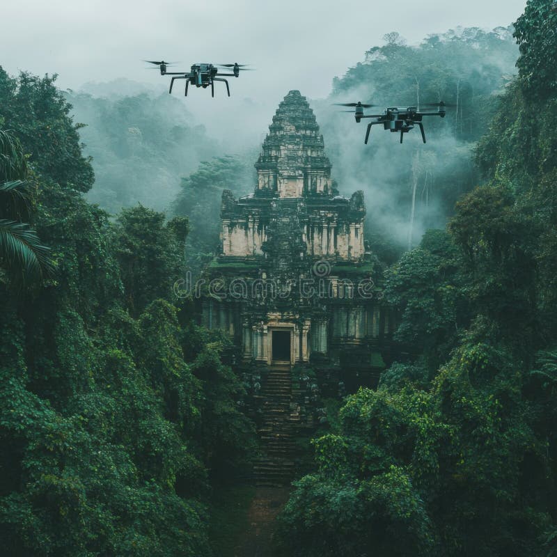 Aerial View of Ancient Temple Surrounded by Lush Jungle and Drones ...