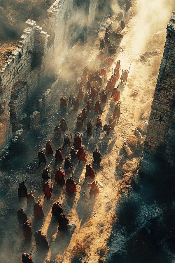 Aerial View of Ancient Warriors Marching Towards Battle during Trojan ...