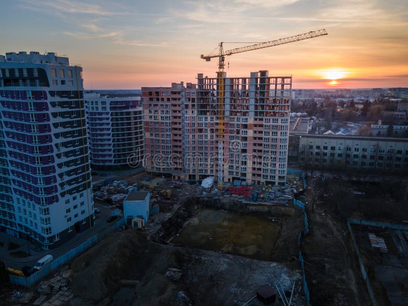 Aerial View of Apartment Construction Site with Crane Stock Photo ...