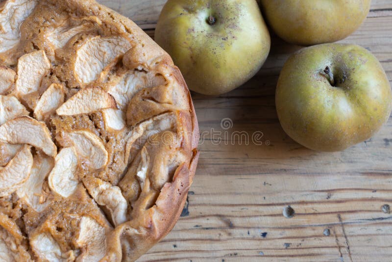 Aerial View of Apple Pie with Pippin Apples on Wooden Table, Selective ...