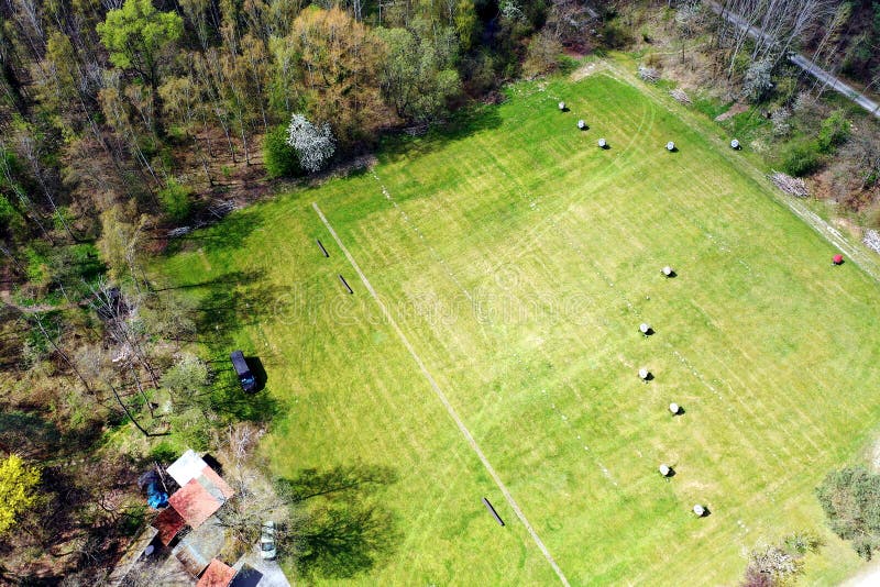 Aerial View of Archery Range with a Large Lawn and Targets Stock Photo ...