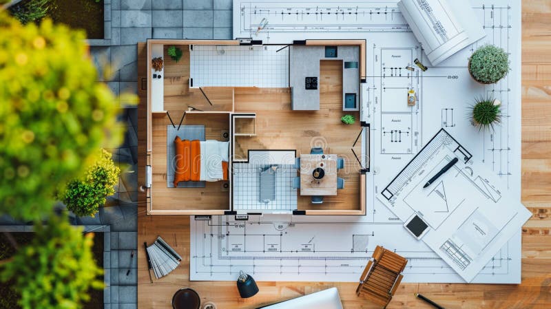 Aerial View of Architectural Blueprint of House Plan with Interior ...