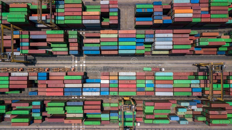 Aerial View of Area with Stacked Containers at the Port, Top View Stack ...