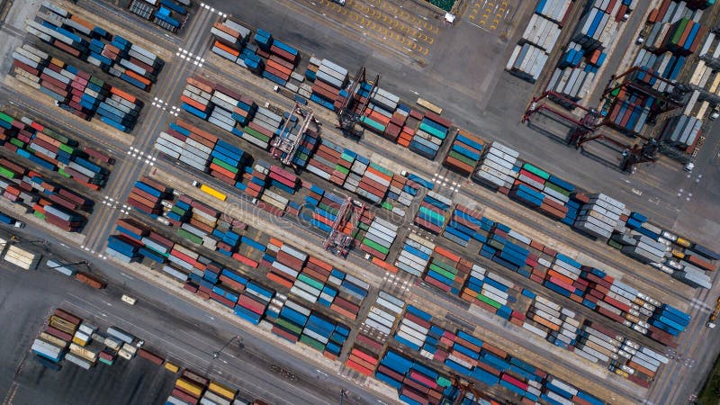 Aerial View of Area with Stacked Containers at the Port, Top View Stack ...