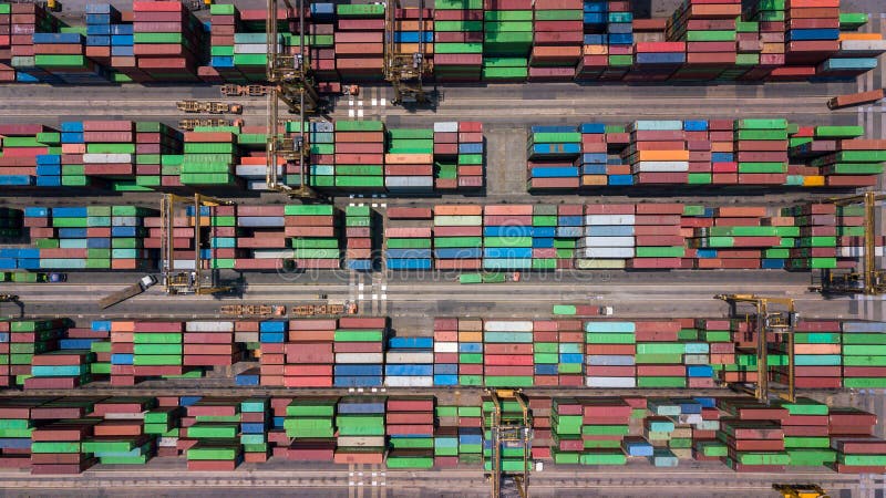 Aerial View of Area with Stacked Containers at the Port, Top View Stack ...