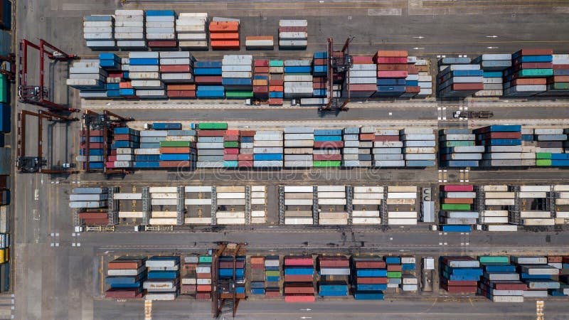 Aerial View of Area with Stacked Containers at the Port, Top View Stack ...