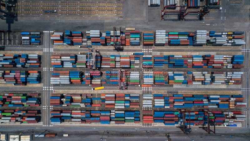 Aerial View of Area with Stacked Containers at the Port, Top View Stack ...