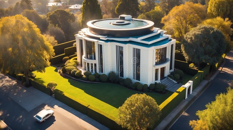 Aerial View of Art Deco House with Dramatic Sun Lighting and a Ai ...
