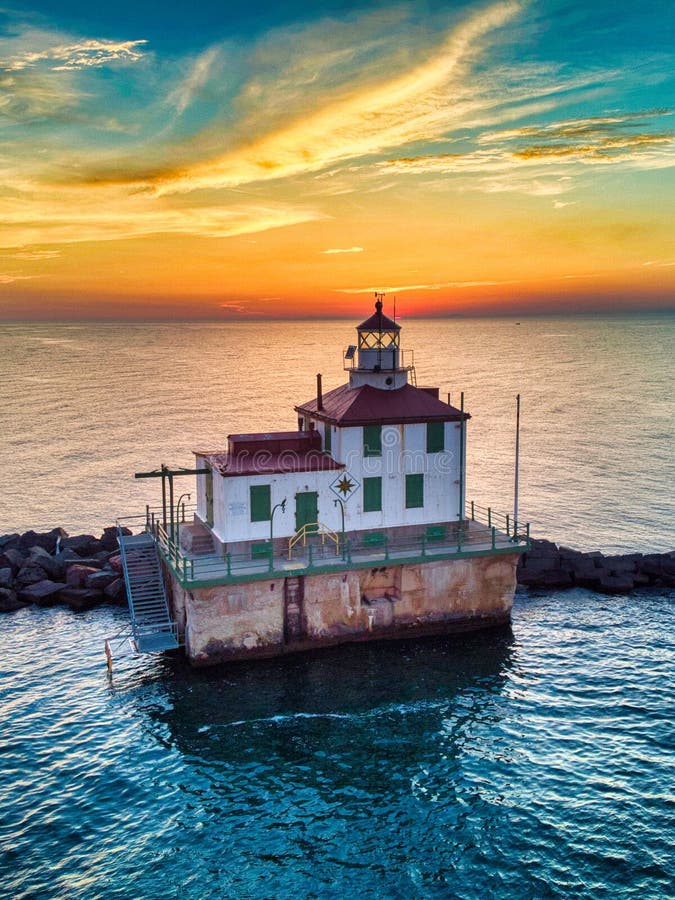 Aerial View of Ashtabula Harbor Lighthouse Under Sunset Sky Editorial ...