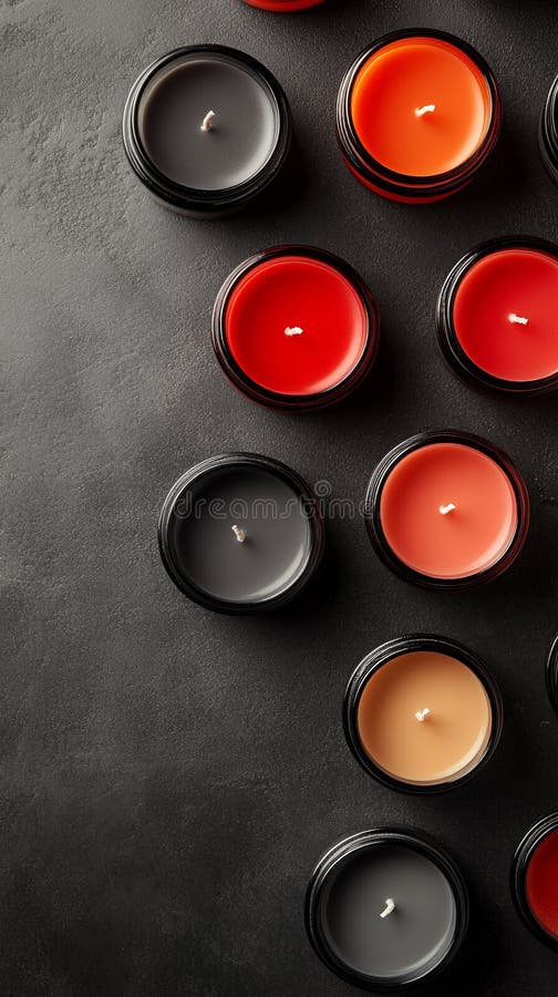 Aerial View of Assorted Colored Candles in Black Containers on a Dark ...