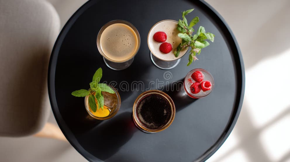 Aerial View of Assorted Mixed Drinks on Black Circular Table Stock ...