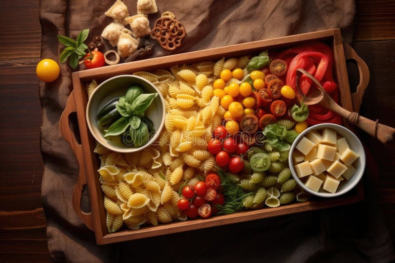 Aerial View of Assorted Pasta in a Wooden Tray Stock Illustration ...