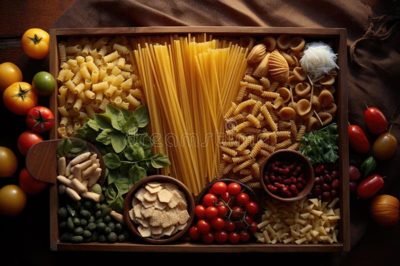 Aerial View of Assorted Pasta in a Wooden Tray Stock Illustration ...